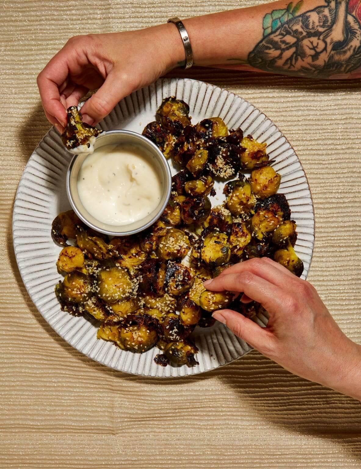 Smashed Brussels sprouts with garlic mayo - Wicked Leeks